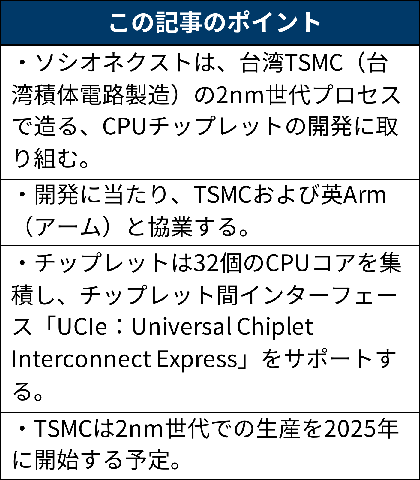 ソシオネクスト、TSMCの2nm世代プロセス活用でCPUチップレット開発 | 日経クロステック（xTECH）
