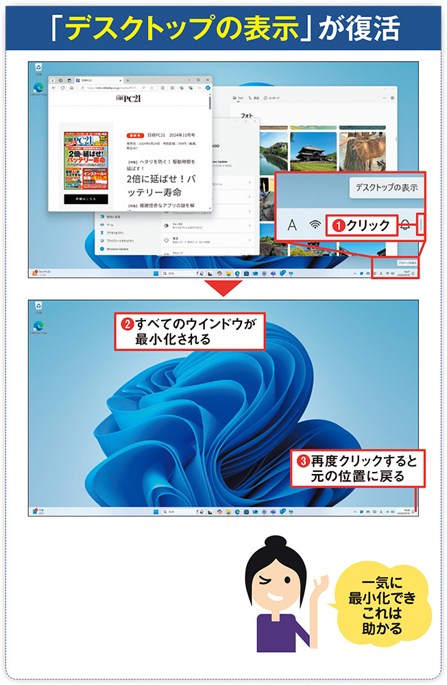 「デスクトップの表示」が復活、23H2後に加わったOSの機能とUI変更を総ざらい | 日経クロステック（xTECH）